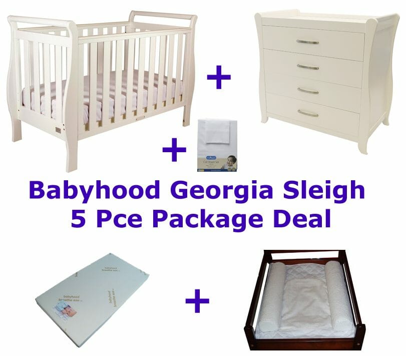 Babyhood Georgia Sleigh Cot LUXX 5 Piece Package Deal with Dresser ...